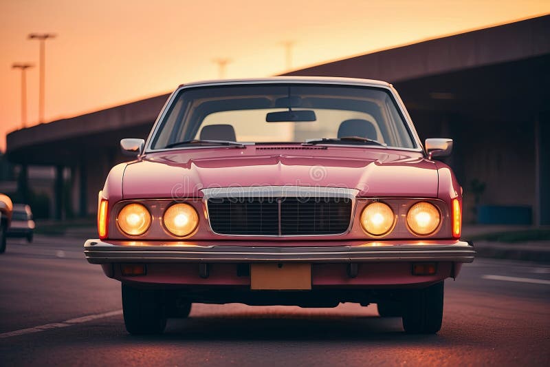 Retro Car with Sunset, Retro Cinematic Style Stock Illustration ...