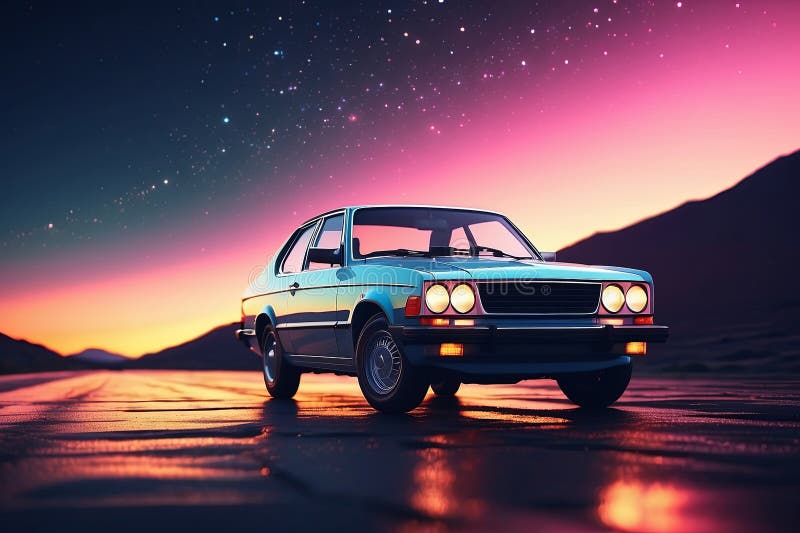 Retro Car with Sunset, Retro Cinematic Style Stock Illustration ...