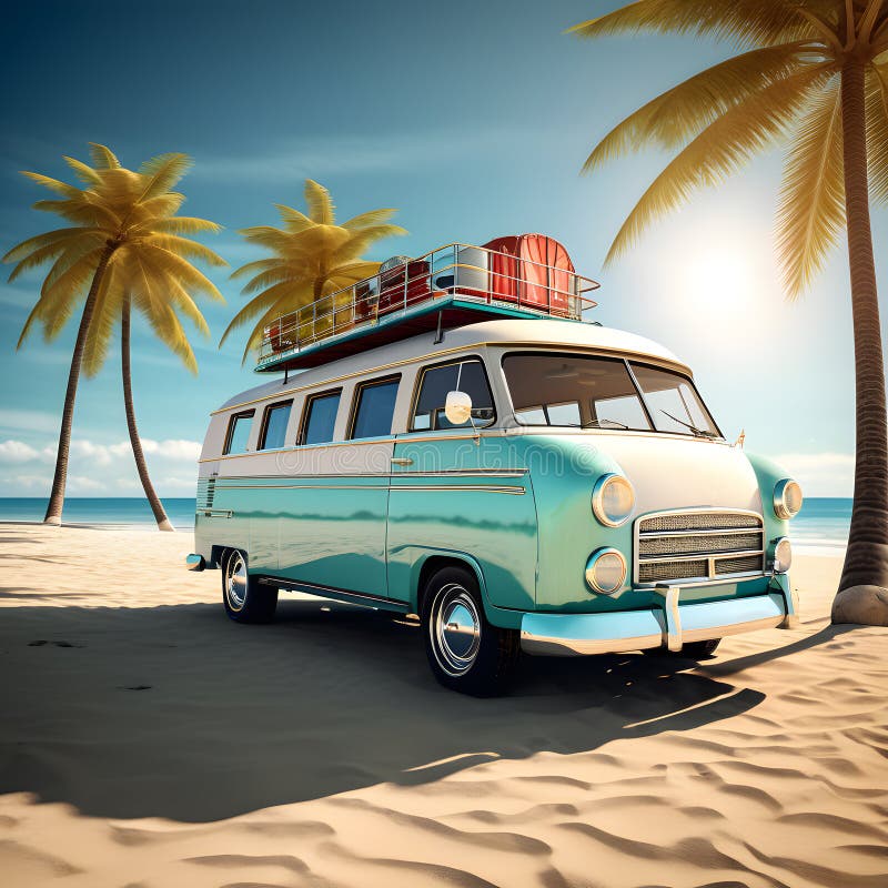 Retro Caravan Car on the Beach Under Palm Tree Stock Illustration ...