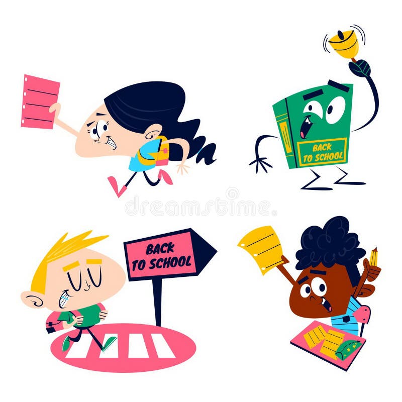 Retro Cartoon Back School Vector Design Stickers Set Stock Vector ...