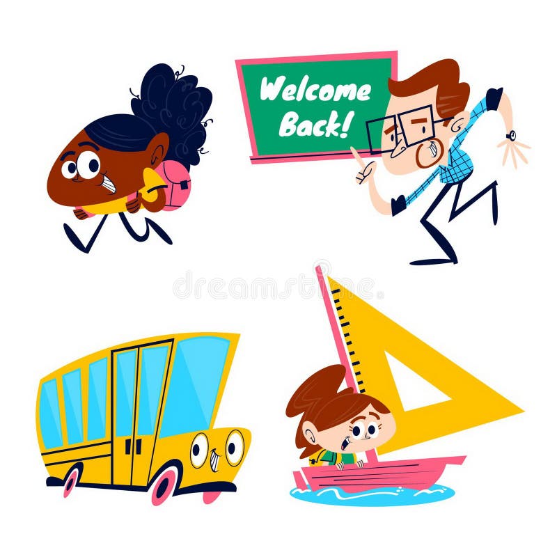 Retro Cartoon Back School Vector Design Stickers Set Stock Vector ...