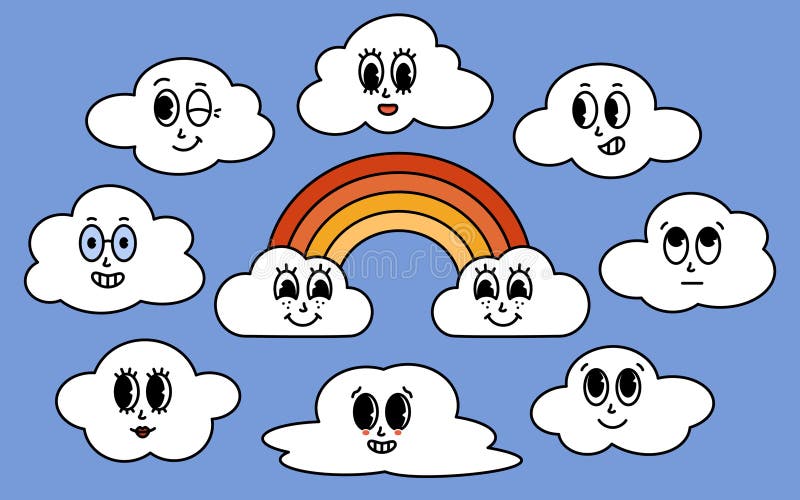 Retro Cartoon Clouds, Rainbow Character with Different Emotion. Groovy ...