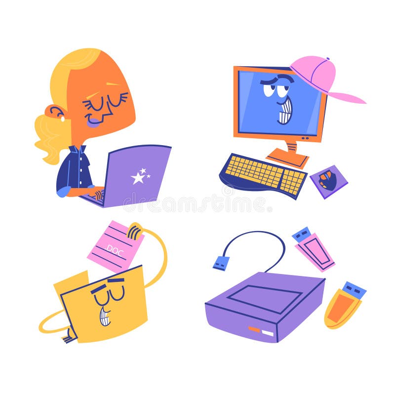 Retro Cartoon Computer Sticker Set Vector Illustration. Stock Vector ...