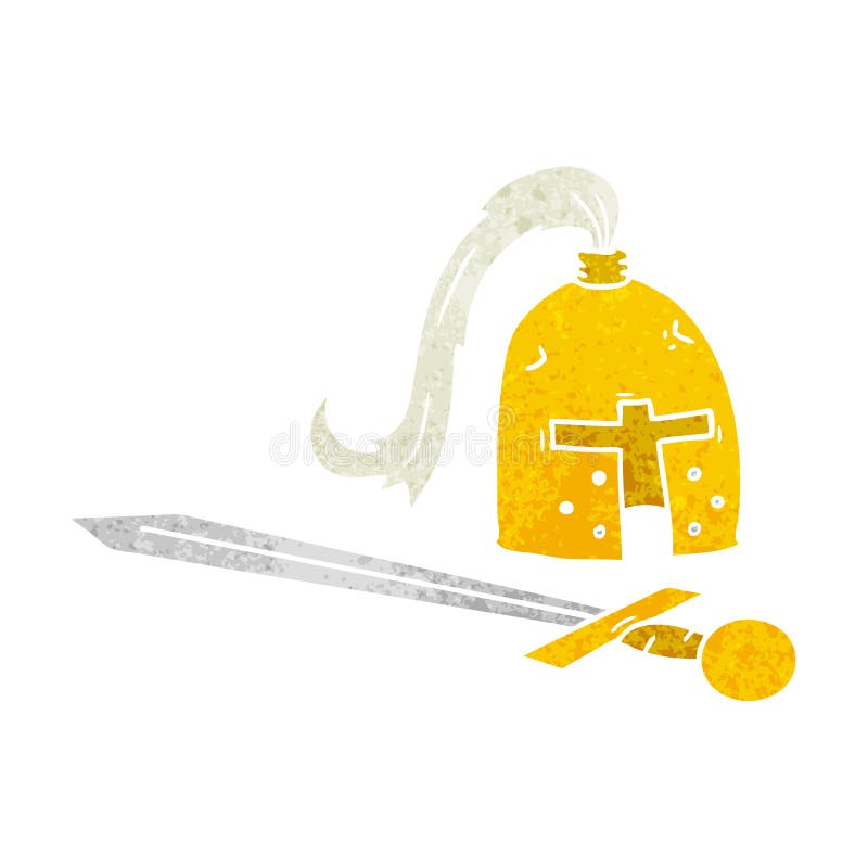Retro Cartoon Doodle of a Medieval Helmet and Sword Stock Vector ...