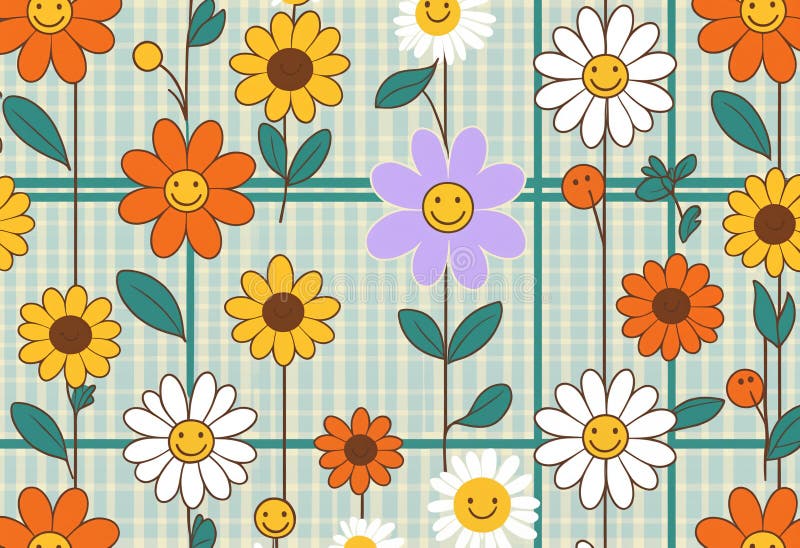 Retro Cartoon Flowers with Smiling Faces on Plaid Background Stock ...