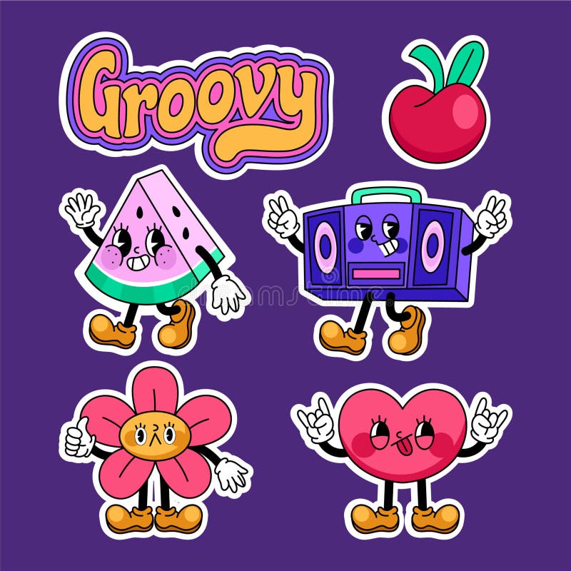 Cartoon Groovy Hot Chili Pepper.Hot Spicy Level Labels.Chili Pepper in ...