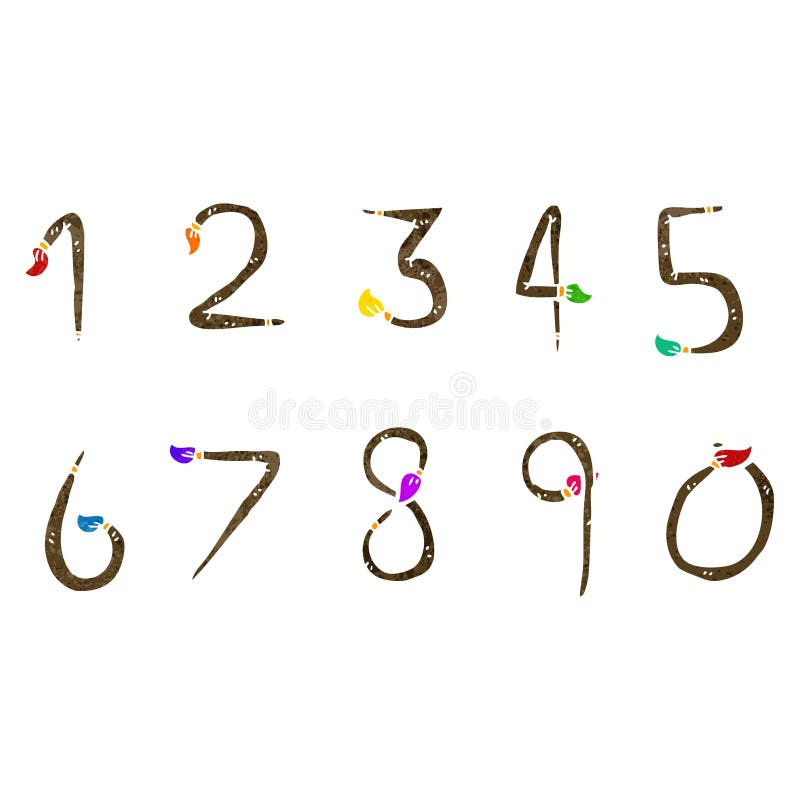 Retro Cartoon Paint Brush Shaped Numbers Stock Vector - Illustration of ...