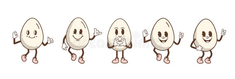 Retro Cartoon Smiling Egg Mascot Character Walking Jumping and Standing ...