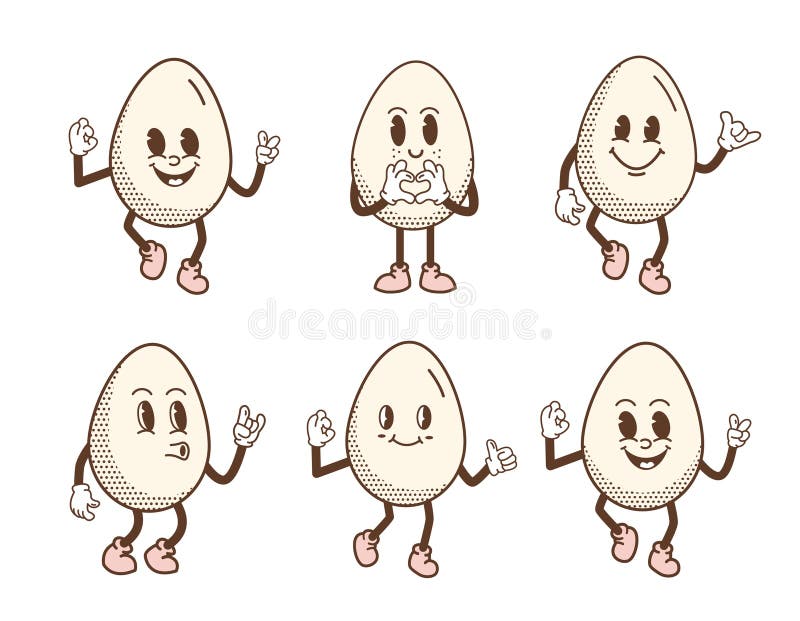 Retro Cartoon Smiling Egg Mascot Character Walking Jumping Standing ...