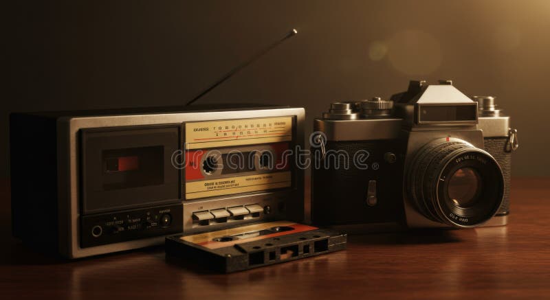 Retro Cassette Player and Vintage Camera on Wood Stock Illustration ...