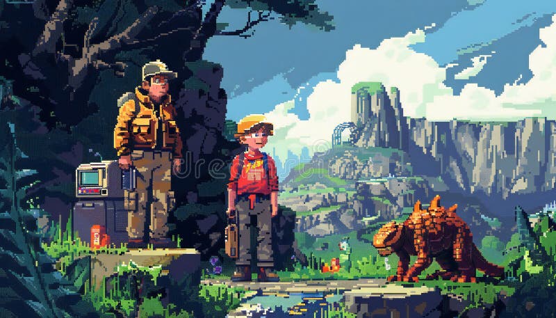 Retro Characters Embark on a Pixelated Adventure Stock Illustration ...