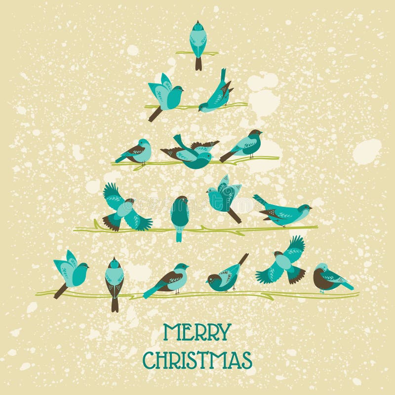 Retro Christmas Card - Birds on Christmas Tree Stock Vector ...