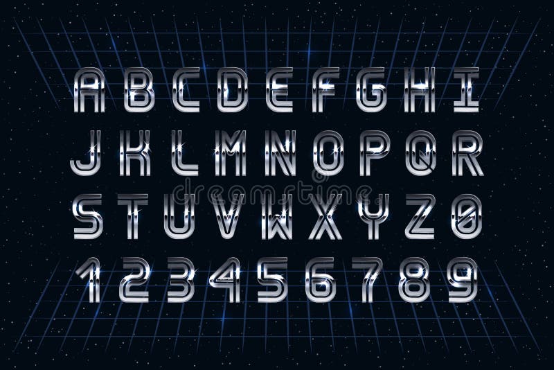 Retro Chrome Font in the Style of 80`s. Vector Sci-Fi Typography Stock ...