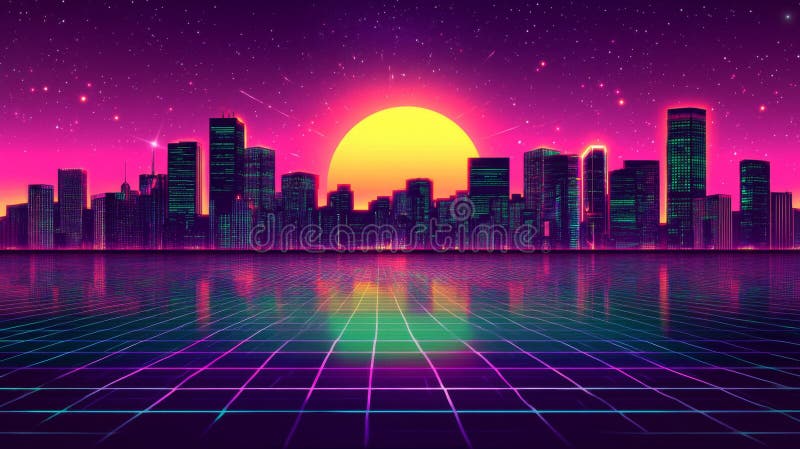 Retro City Skyline at Sunset with Neon Reflections Stock Illustration ...