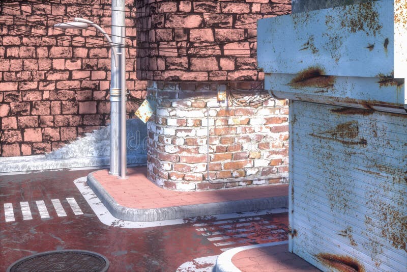 The Retro City Street with Brick Buildings on the Side, 3d Rendering ...