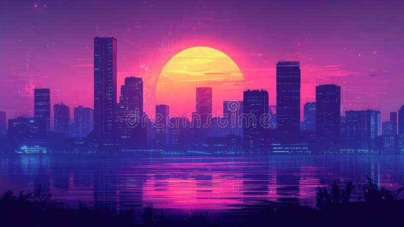 Retro Cityscape at Sunset with Neon Lights Stock Illustration ...