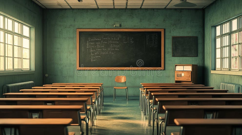 Empty Vintage Classroom Interior Design Old School Desks Blackboard ...