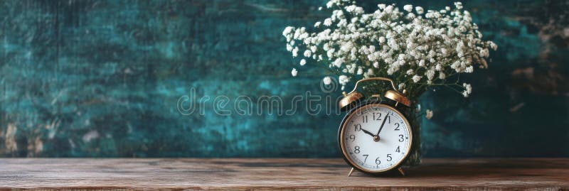 Retro Clock and Flowers Still Life Concept, Time and Beauty Theme Stock ...