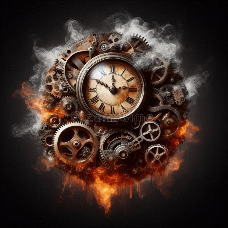 Retro Clock and Gears in Flame Brown Hues Colors Conceptual Composition ...