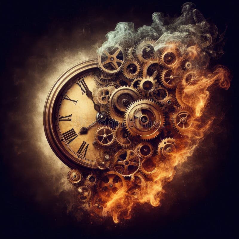 Retro Clock and Gears in Flame Brown Hues Colors Conceptual Composition ...