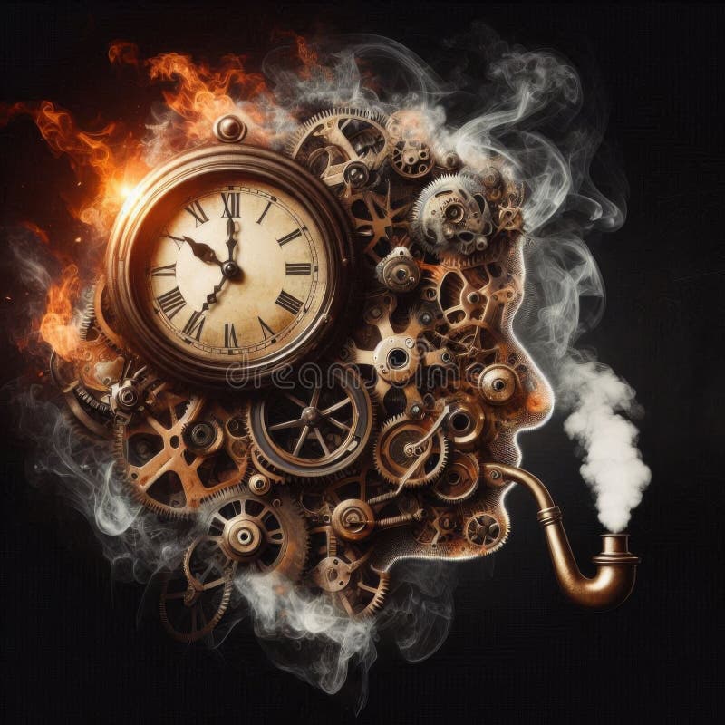 Retro Clock and Gears in Flame Brown Hues Sepia Colors Conceptual ...