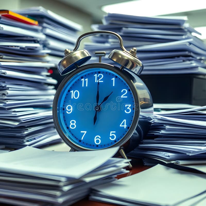 Clock with Paper Stacks Office Workplace Overwork Stress Busy Work ...