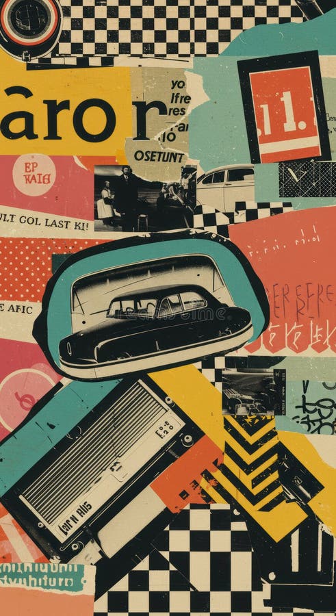 Retro Collage Art with Vintage Cars and Abstract Geometric Patterns ...