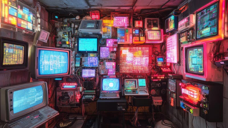 Retro Colorful Neon Screens Technology Room Stock Illustration ...