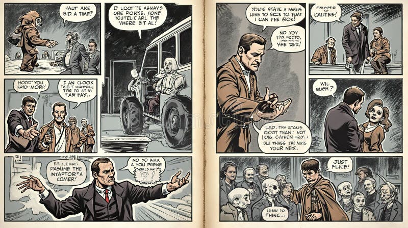 Vintage Comic Book Layout with Dialogue and Characters Stock ...