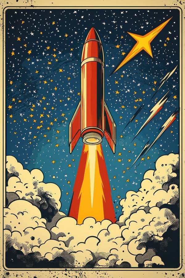Retro Comic Book Style Rocket Launch with Pop Art Influence Stock Photo ...