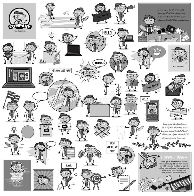 Retro Comic Doctor Character - Set of Concepts Vector Illustrations ...