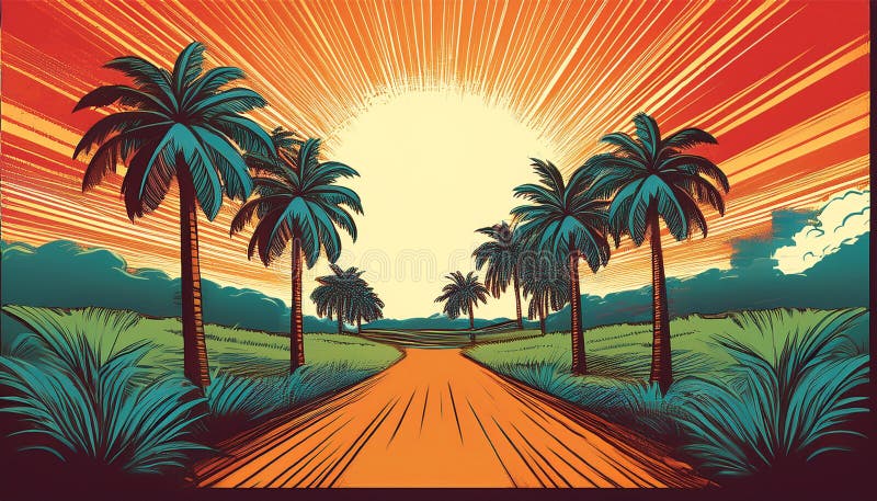 Retro Comic Illustration Sunset with Palm Trees Stock Illustration ...
