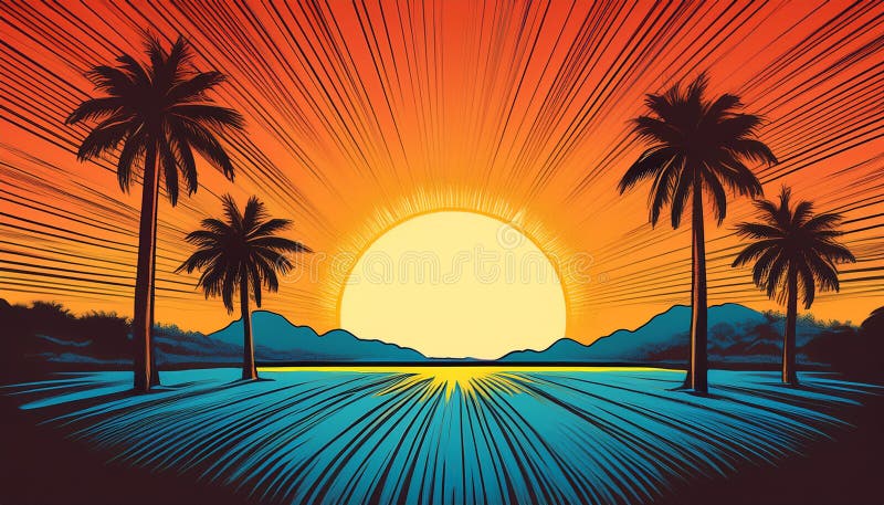 Retro Comic Illustration Sunset with Palm Trees Stock Illustration ...