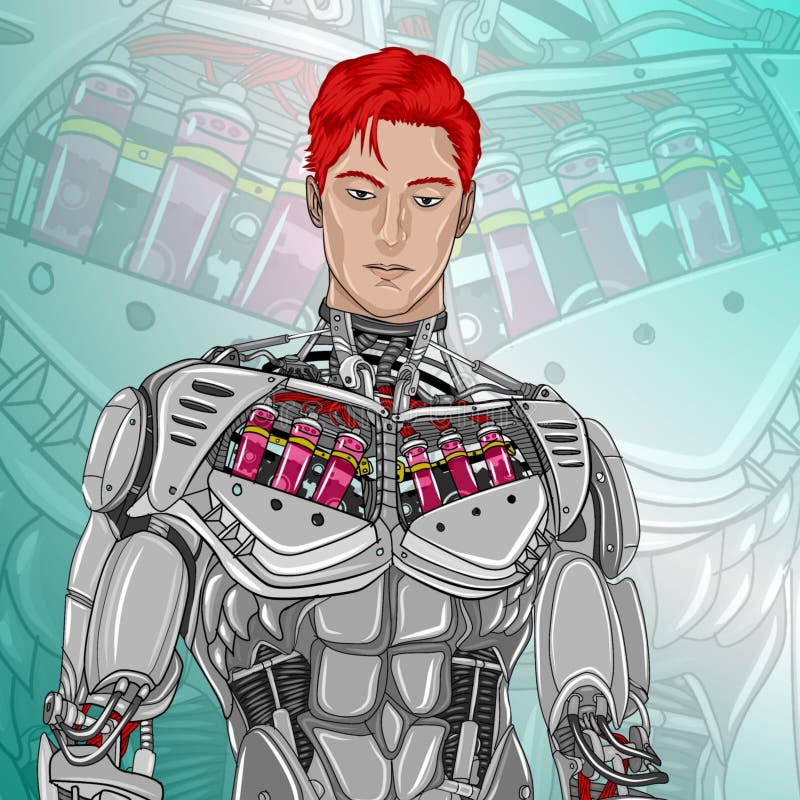 Retro Comic Style Artwork, Cyborg Police Consisting of a Robot Body and ...