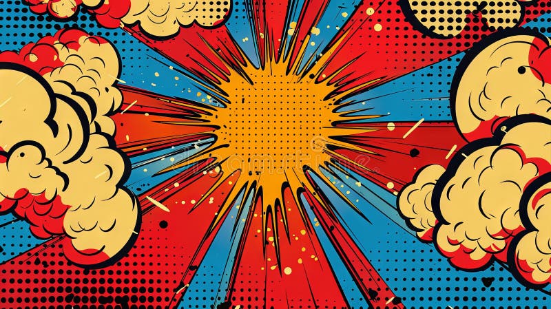 Retro Comic Style Blast with Radiating Lines and Cloud Puffs on Dotted ...