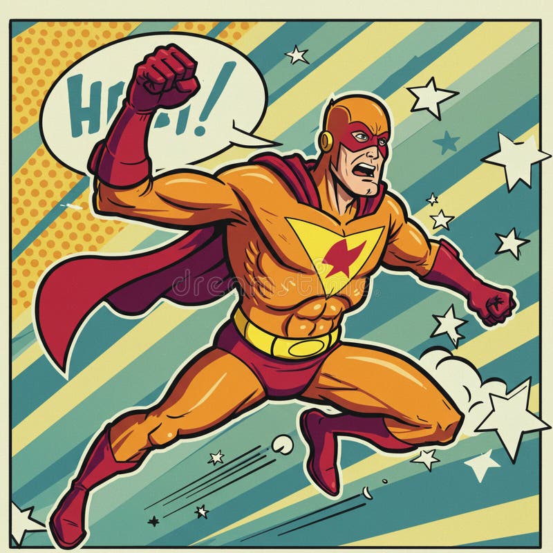 A Retro Comic-style Illustration of a Superhero in Dynamic Flight. the Character is Clad Stock ...
