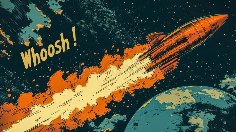 Retro Comic Style Rocket Launching into Space with Text Whoosh Stock ...