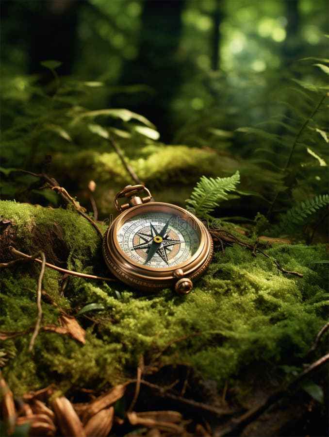 Retro Compass on Moss, Inside Forest Stock Illustration - Illustration ...
