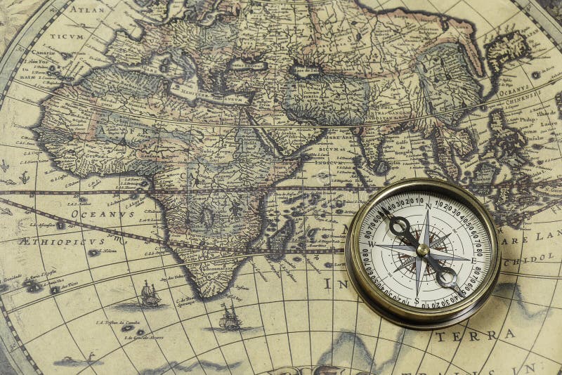Retro compass with old map stock image. Image of century - 108353269