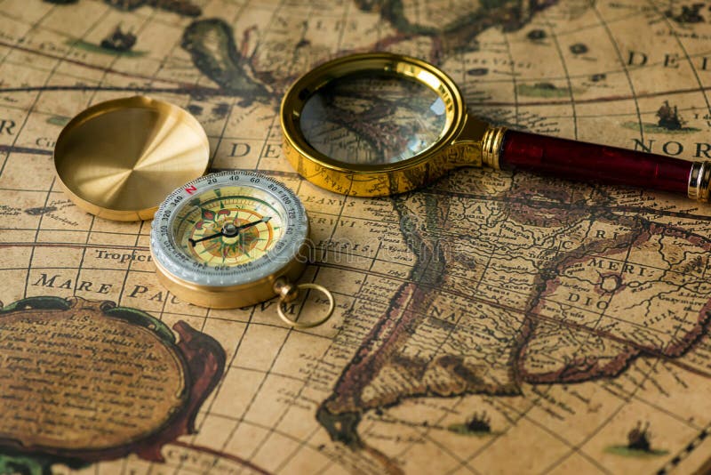 Retro Compass with Old Map and Magnifier Stock Photo - Image of grungy ...