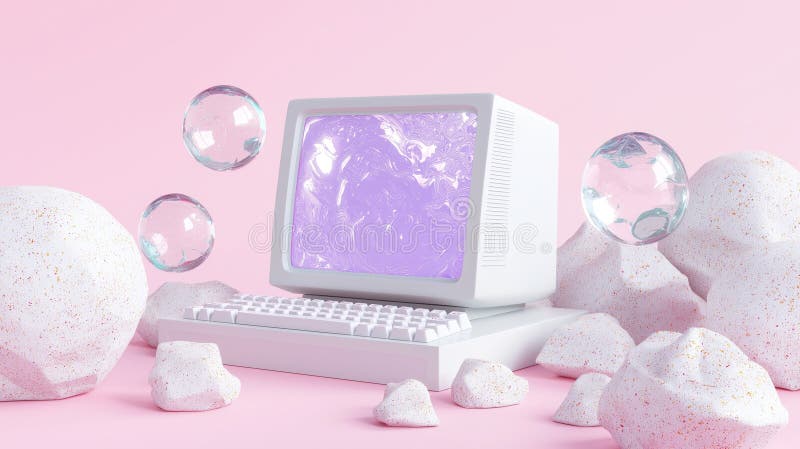 Retro Computer with Abstract Screen and Floating Glass Spheres on Pink ...
