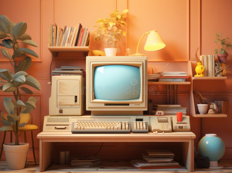 Retro Computer with Colorful Light on it, in Tones Pink and Purple ...