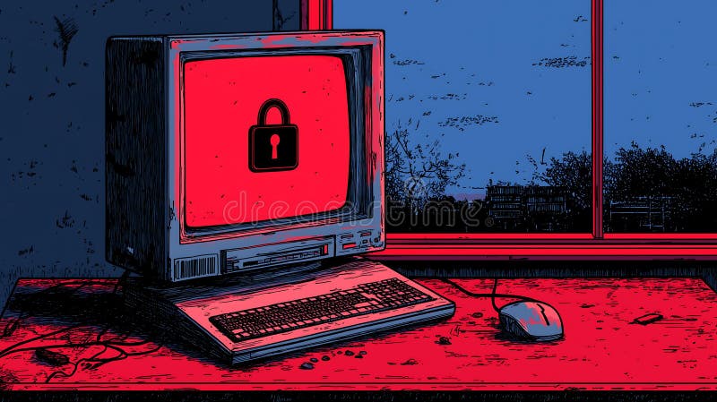Retro Computer with a Red Lock Icon on Screen in a Dark, Minimalist ...