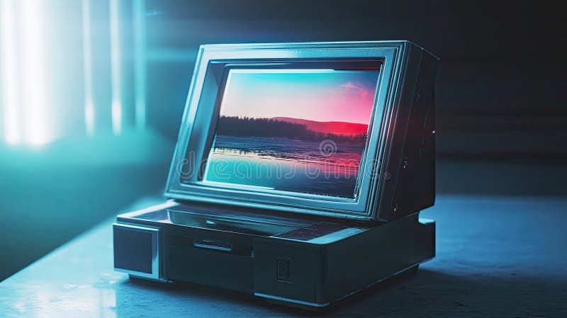 Retro Computer Monitor Displaying a Serene Digital Landscape Stock ...