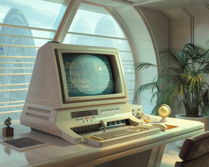 Retro Computer in a Futuristic Utopian Environment Stock Illustration ...