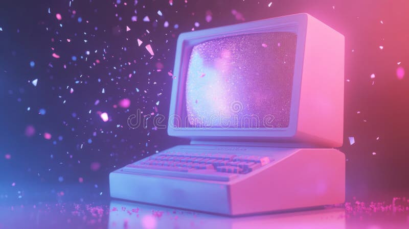 Retro Computer with Glittering Screen and Falling Confetti Stock ...