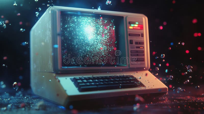 Retro Computer with Glittering Screen and Falling Particles Stock ...