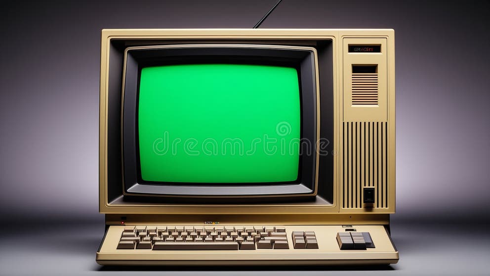 Retro Computer with Green Screen Display and Beige Keyboard Stock Image ...