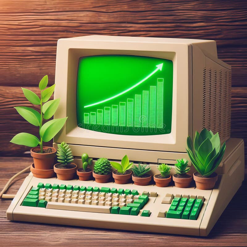 Retro Computer with Green Screen and Potted Plants Stock Photo - Image ...