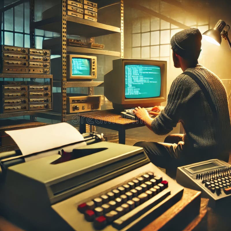 Retro Computer Hacker in Vintage Tech Room Stock Illustration - Illustration of retro, workspace ...